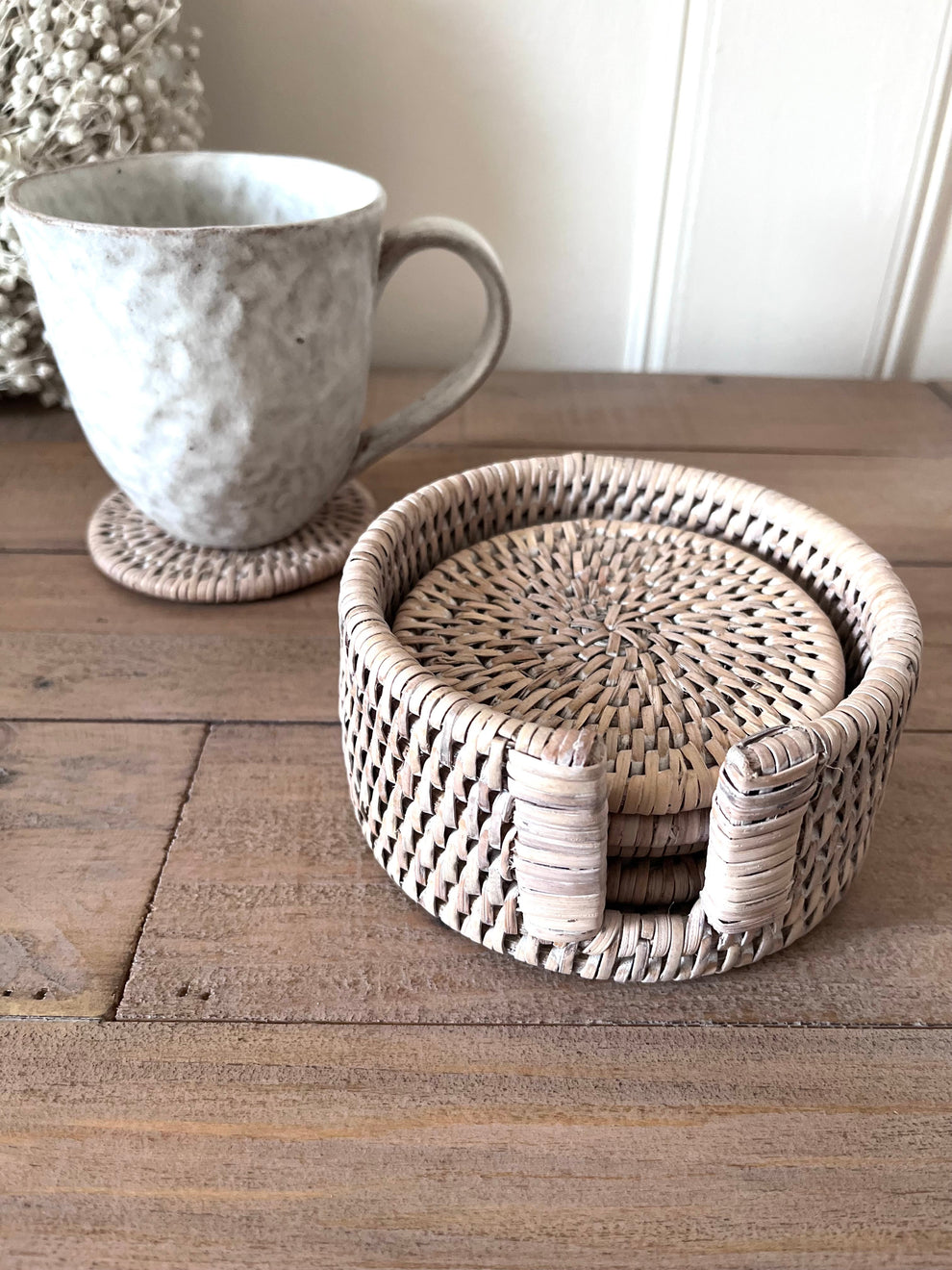 White Wash Rattan Coasters in Holder – Wholesome Home