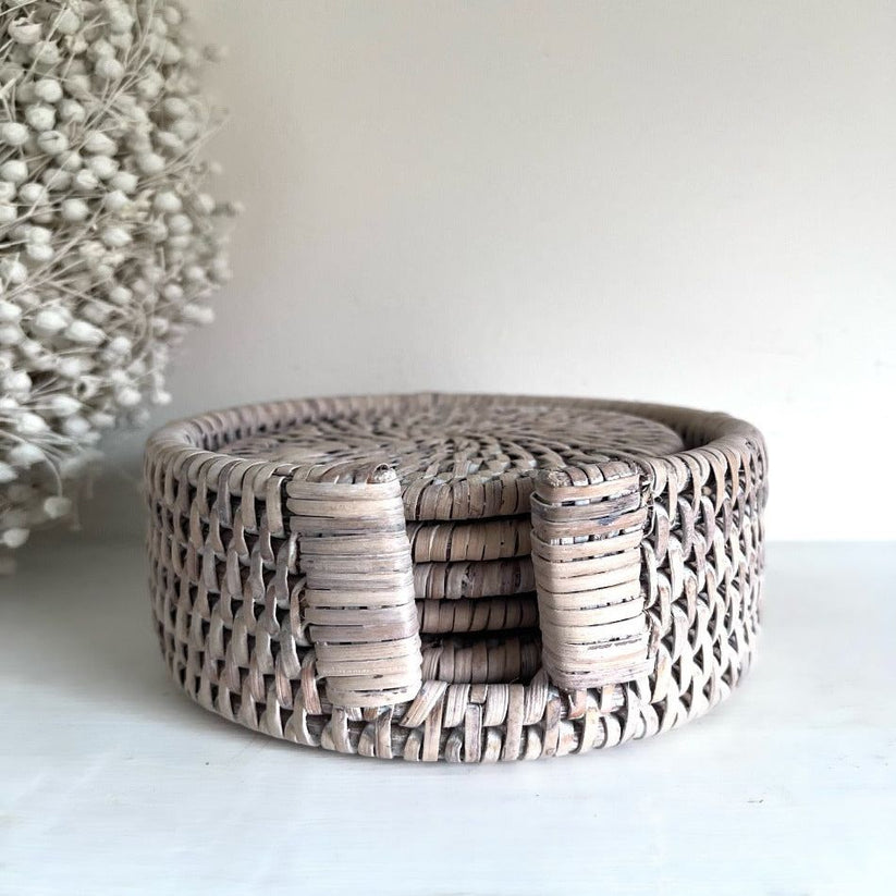 White Wash Rattan Coasters in Holder – Wholesome Home